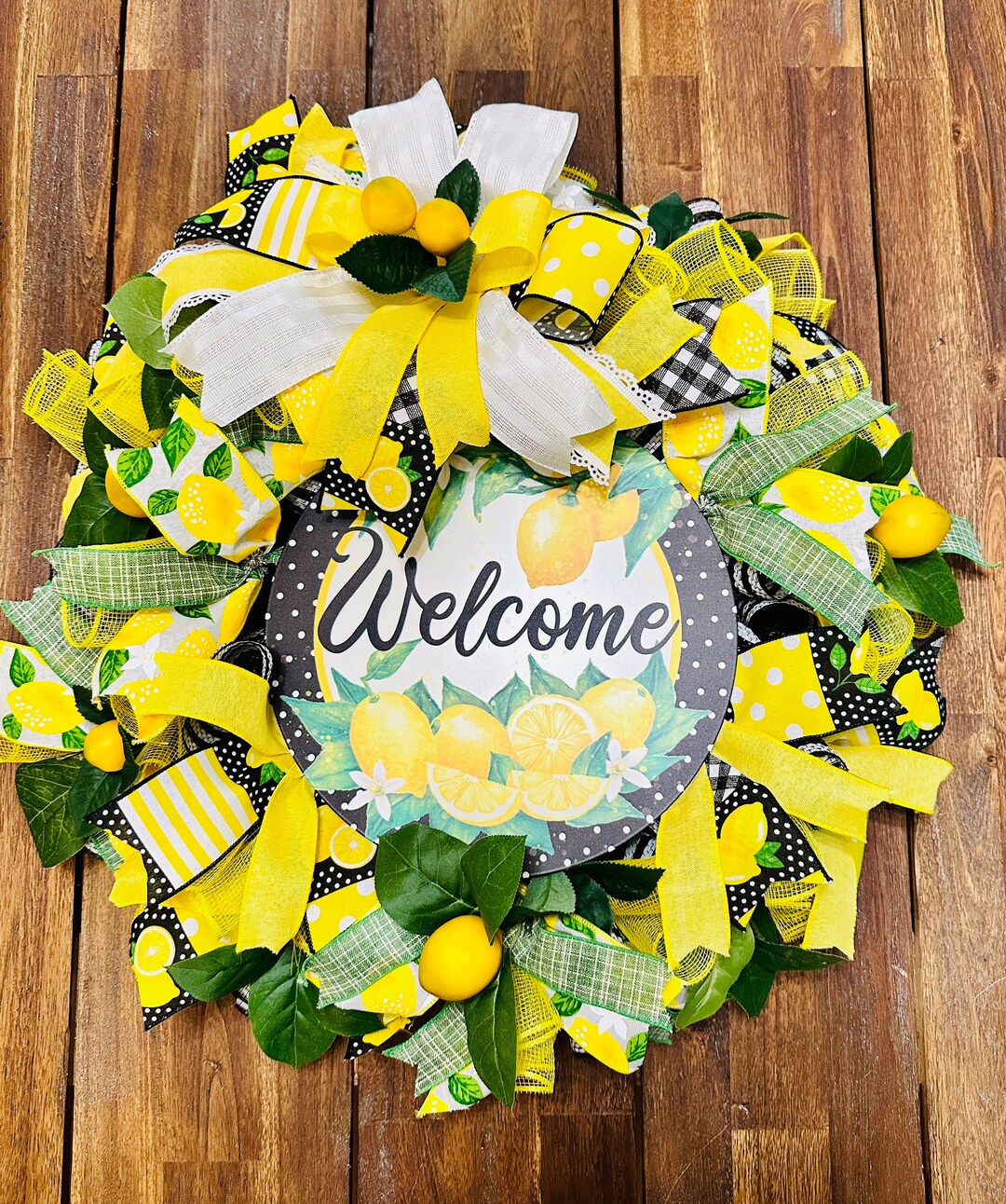Lemon Welcome Door Wreath, Lemon Door Hanger, Lemon and Buffalo Check ...