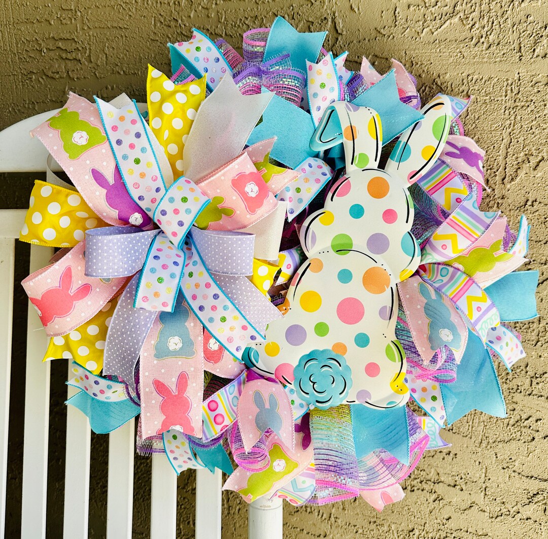 Handmade Polka Dot Easter Bunny Wreath: Spring Door Hanger - Etsy