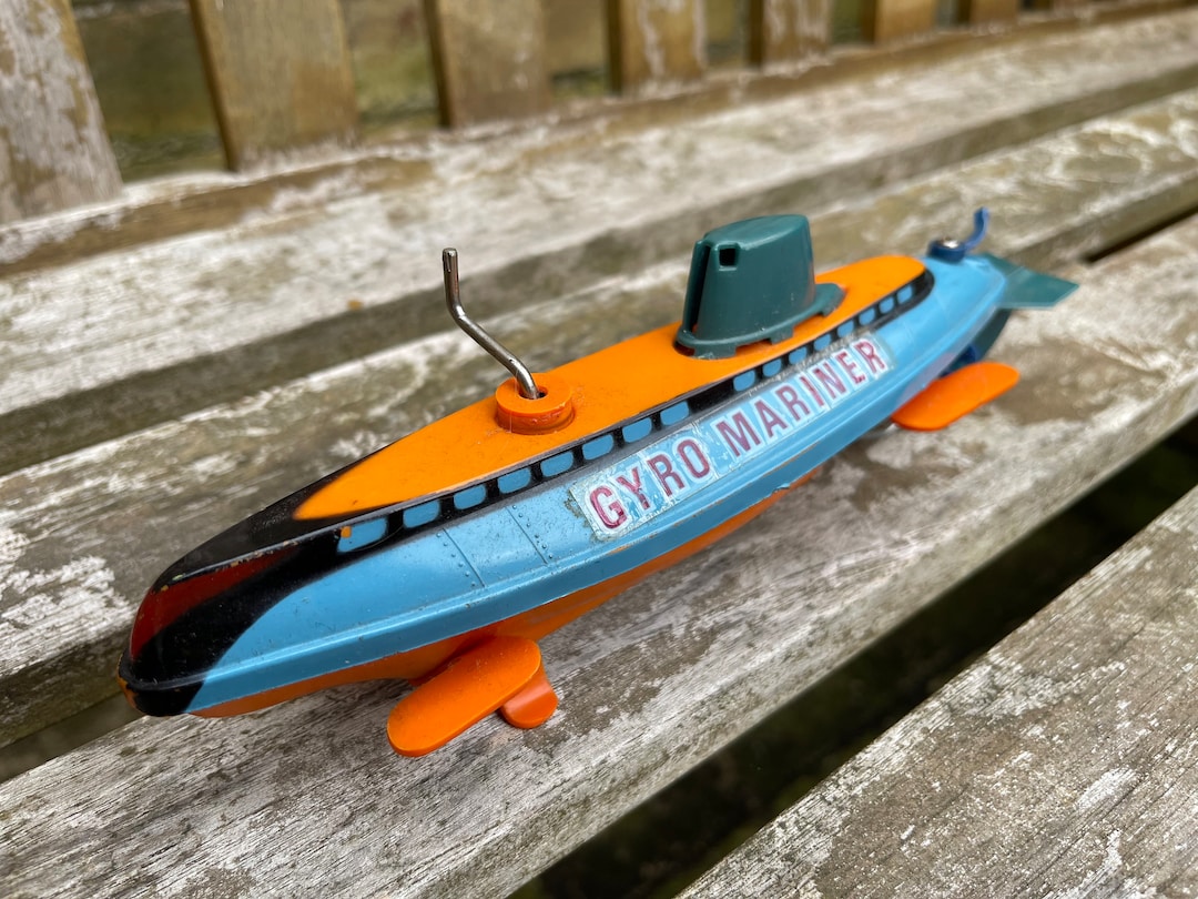 Vintage 8.5 Inch Orange and Blue Toy Submarine With Friction Drive Gyro ...