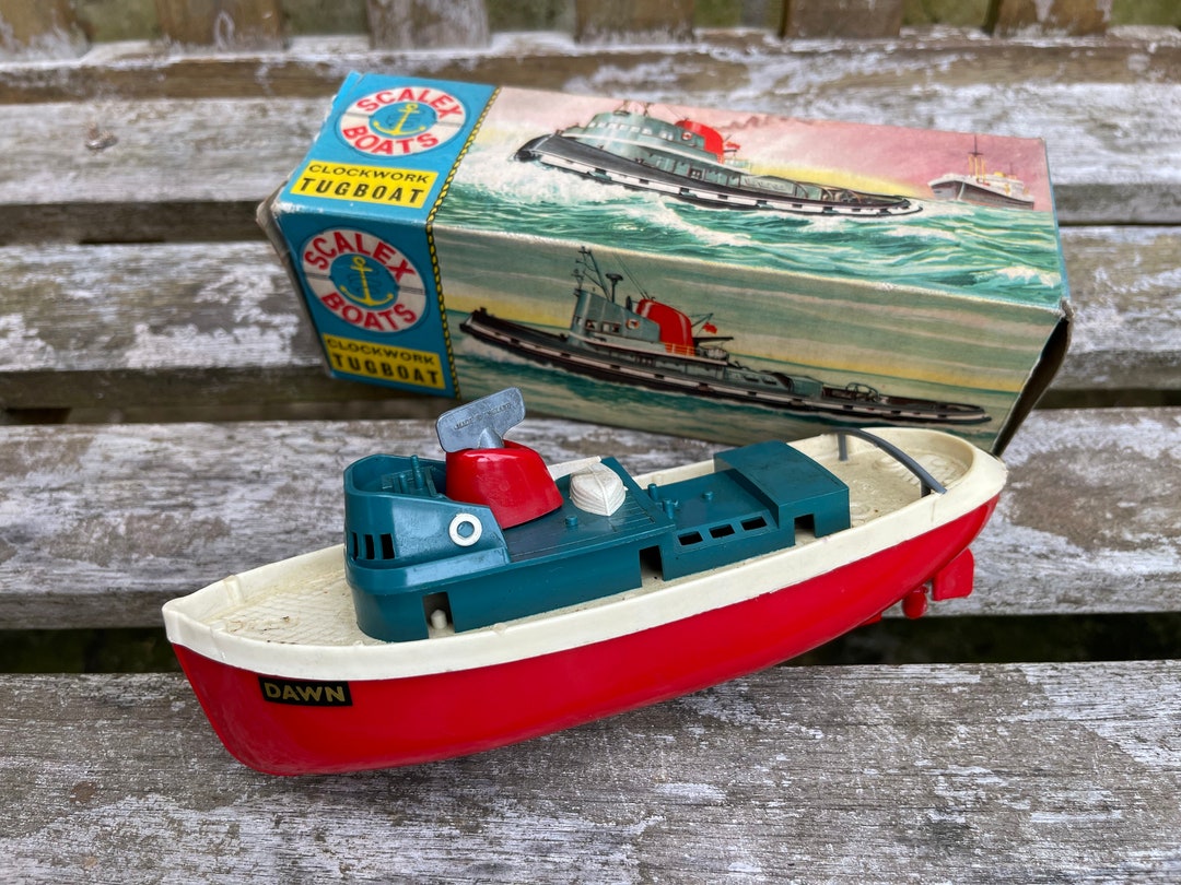 A Rare Elegant Boxed Tri-ang Scalex 8 Inch Dawn Tugboat, Clockwork Boat ...