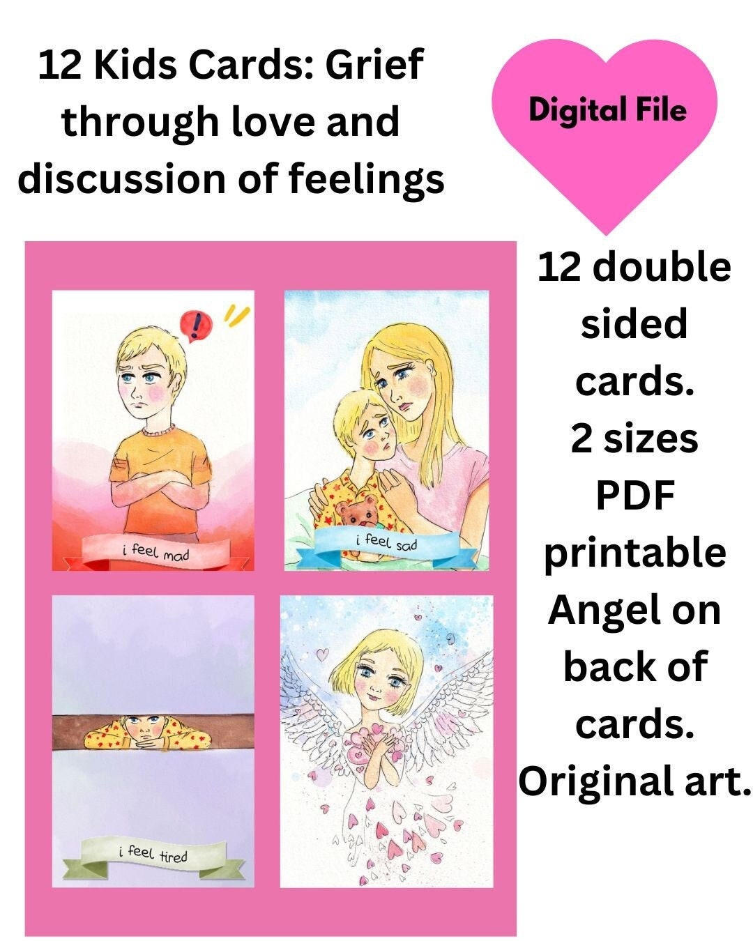 12 PDF Digital Printable Emotion Cards for Grief and Loss, Feelings ...