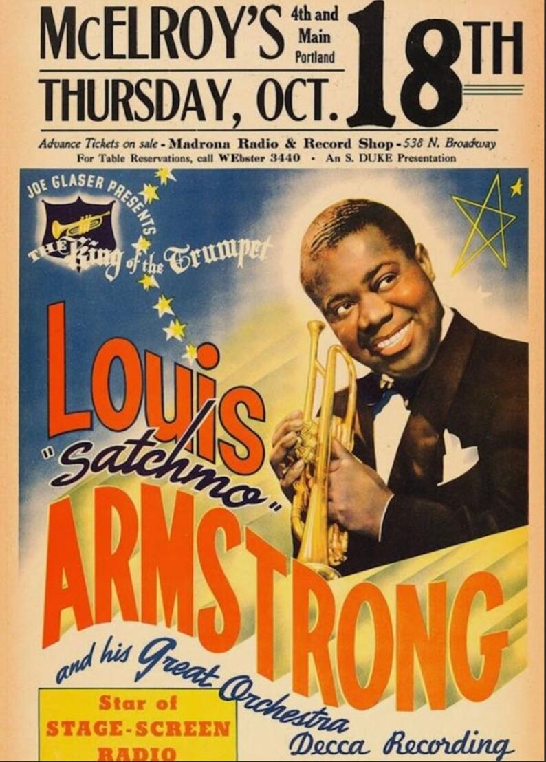Louis Armstrong Jazz Poster 24x36 - Trumpet Legend, Iconic Portrait ...