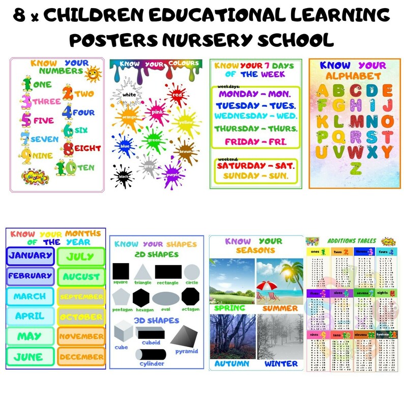 8 Pack Educational Preschool Posters Primary School Early | Etsy