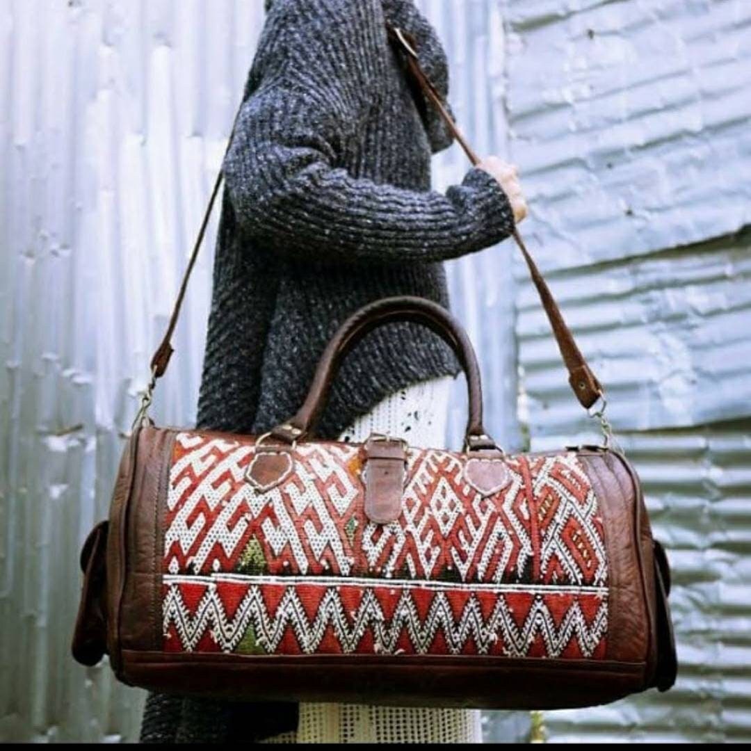2 BAGS, Boho Leather Travel, Weekend Bag, Kilim Travel Bag, Duffel Bag ...