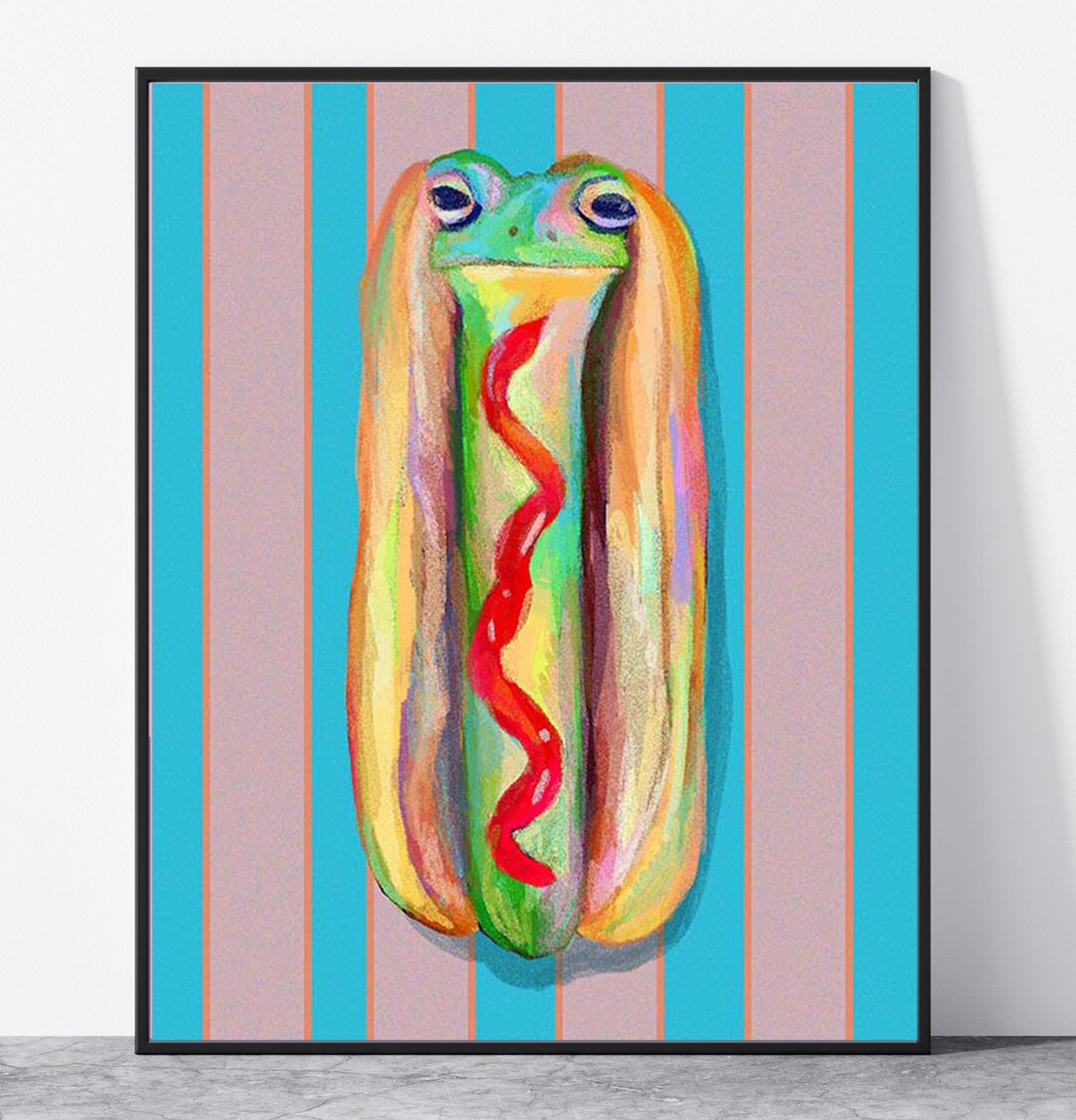 Hot Dog Frog Art Print and Canvas, Funny Quirky Wall Art for Home Decor ...