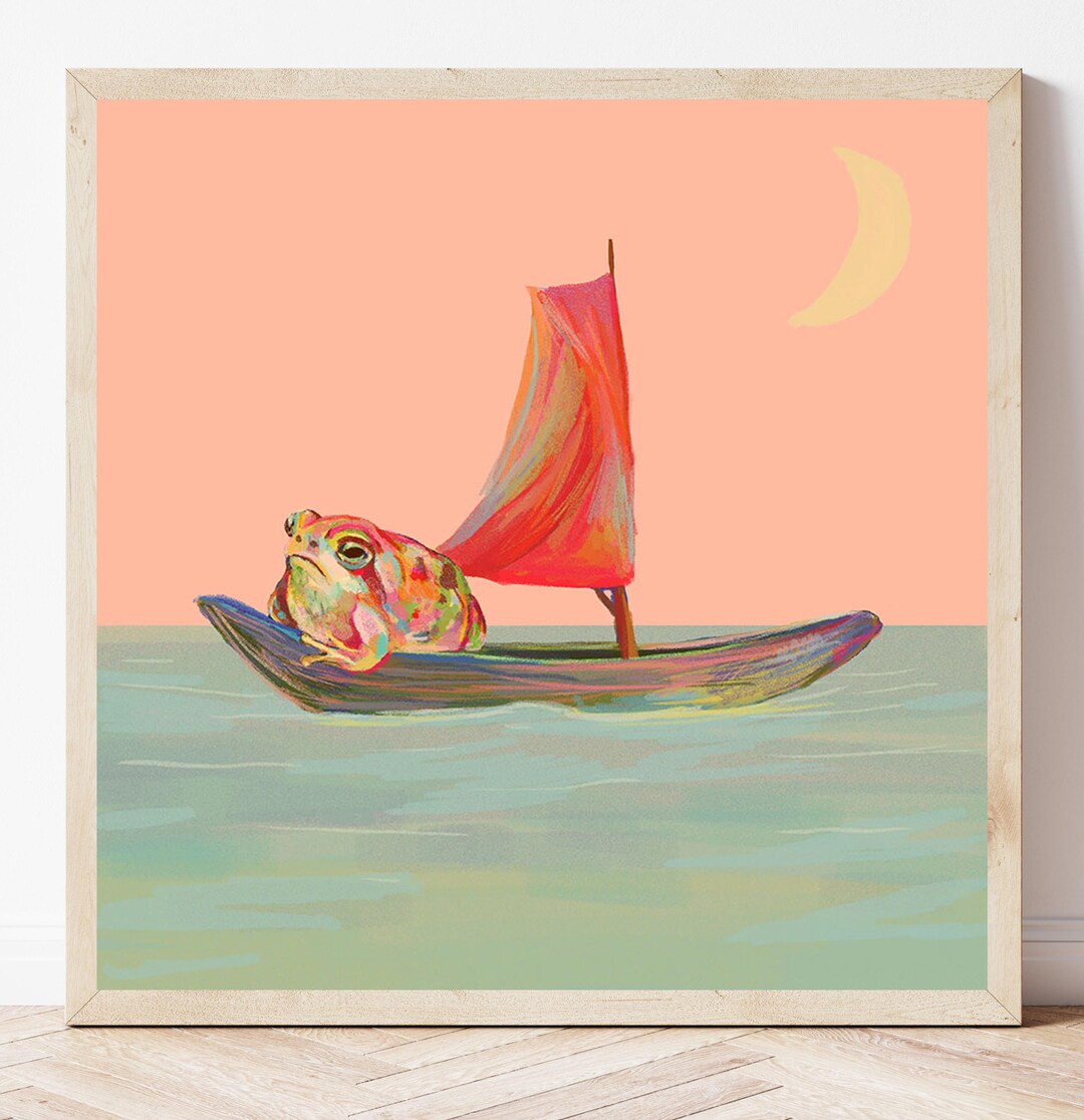 Frog on a Boat Art Print and Canvas for Quirky Happy Wall Decor, Frog ...