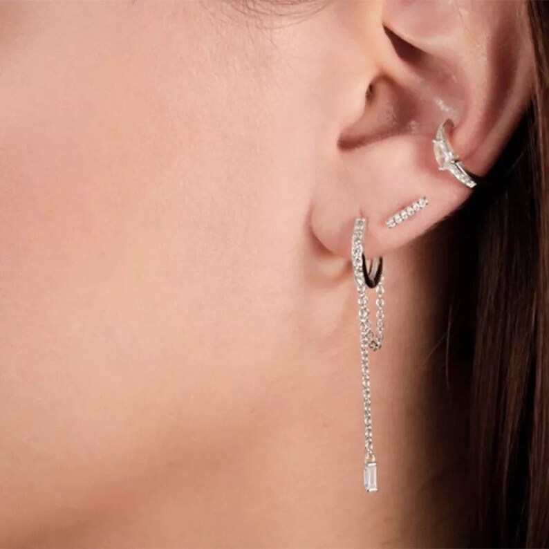 Huggie Chain Earrings Long Threader Earrings Silver Long - Etsy