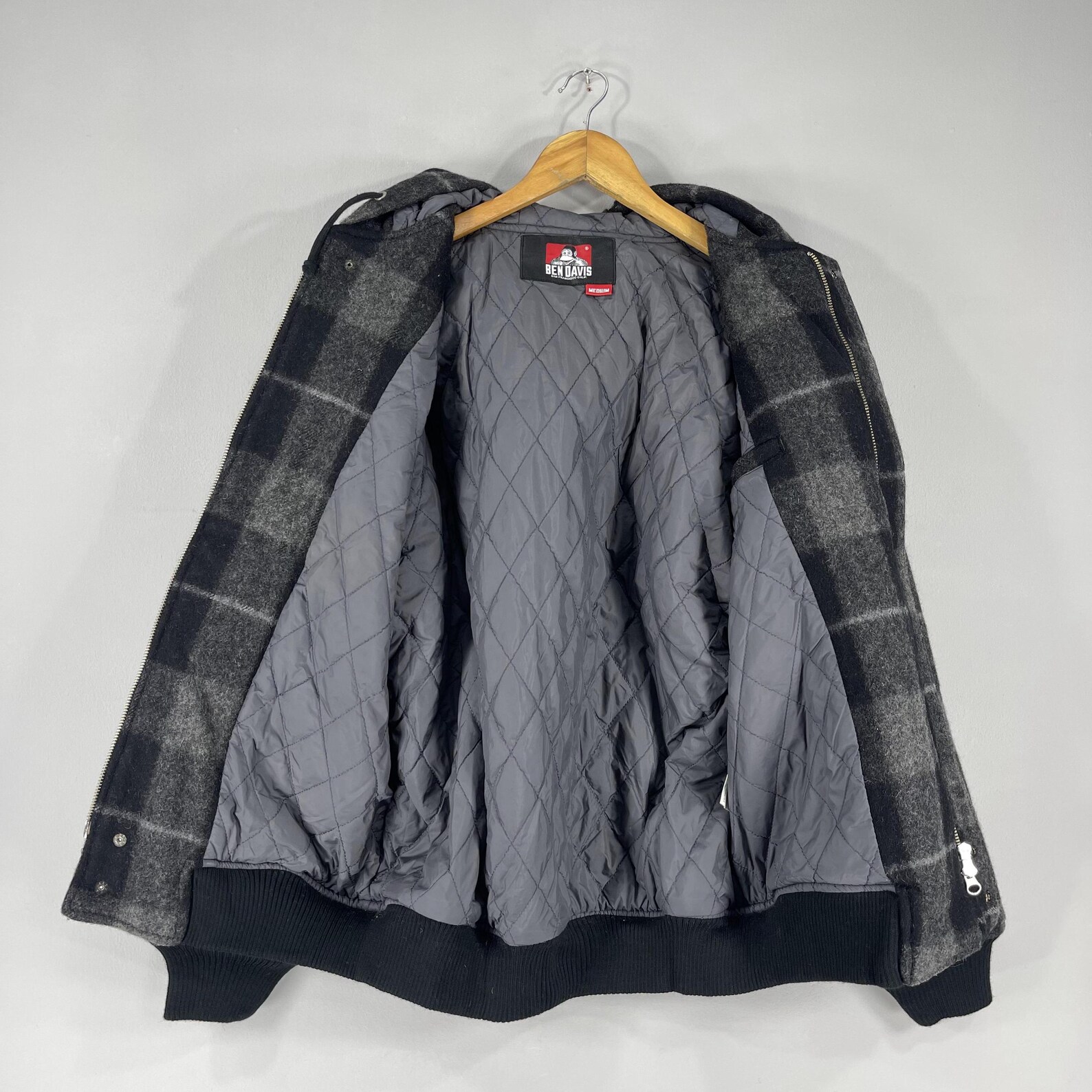 Vintage Y2K BEN DAVIS Wool Jacket Medium Plaid Checkered Tartan Black ...