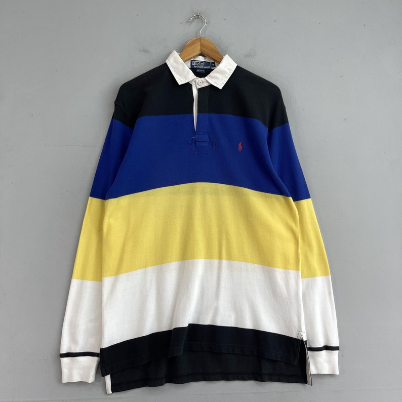 Vintage 1990s POLO Ralph Lauren Polo Rugby Shirt Medium Ralph Lauren Pony Multicolor Stripes ...