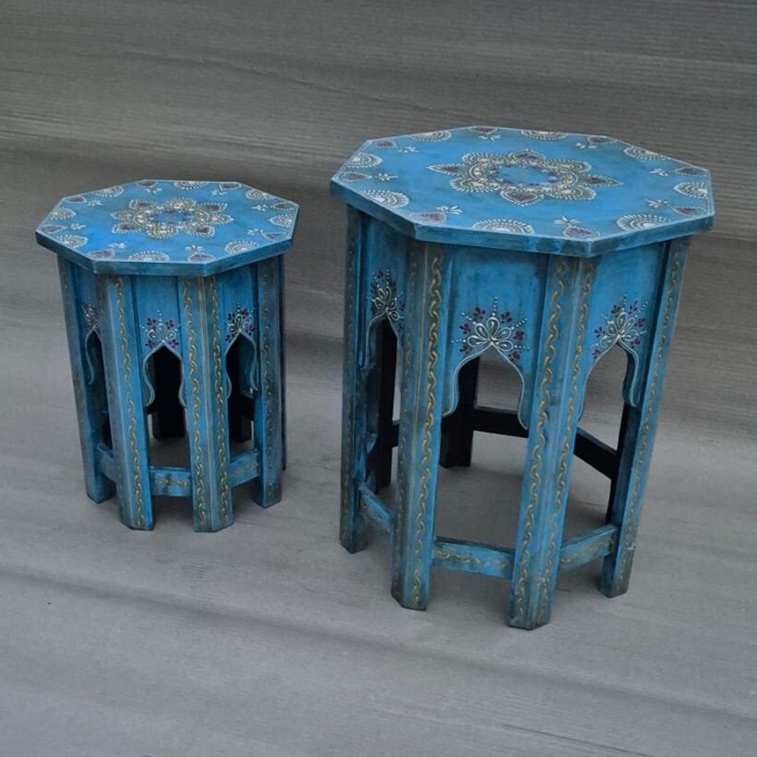 Hand Painted Blue Moroccan Side Tables, Set of 2, Boho Chic - Etsy