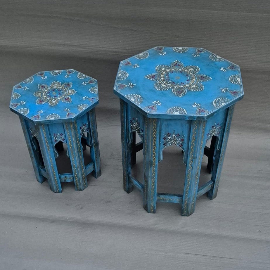 Hand Painted Blue Moroccan Side Tables, Set of 2, Boho Chic - Etsy