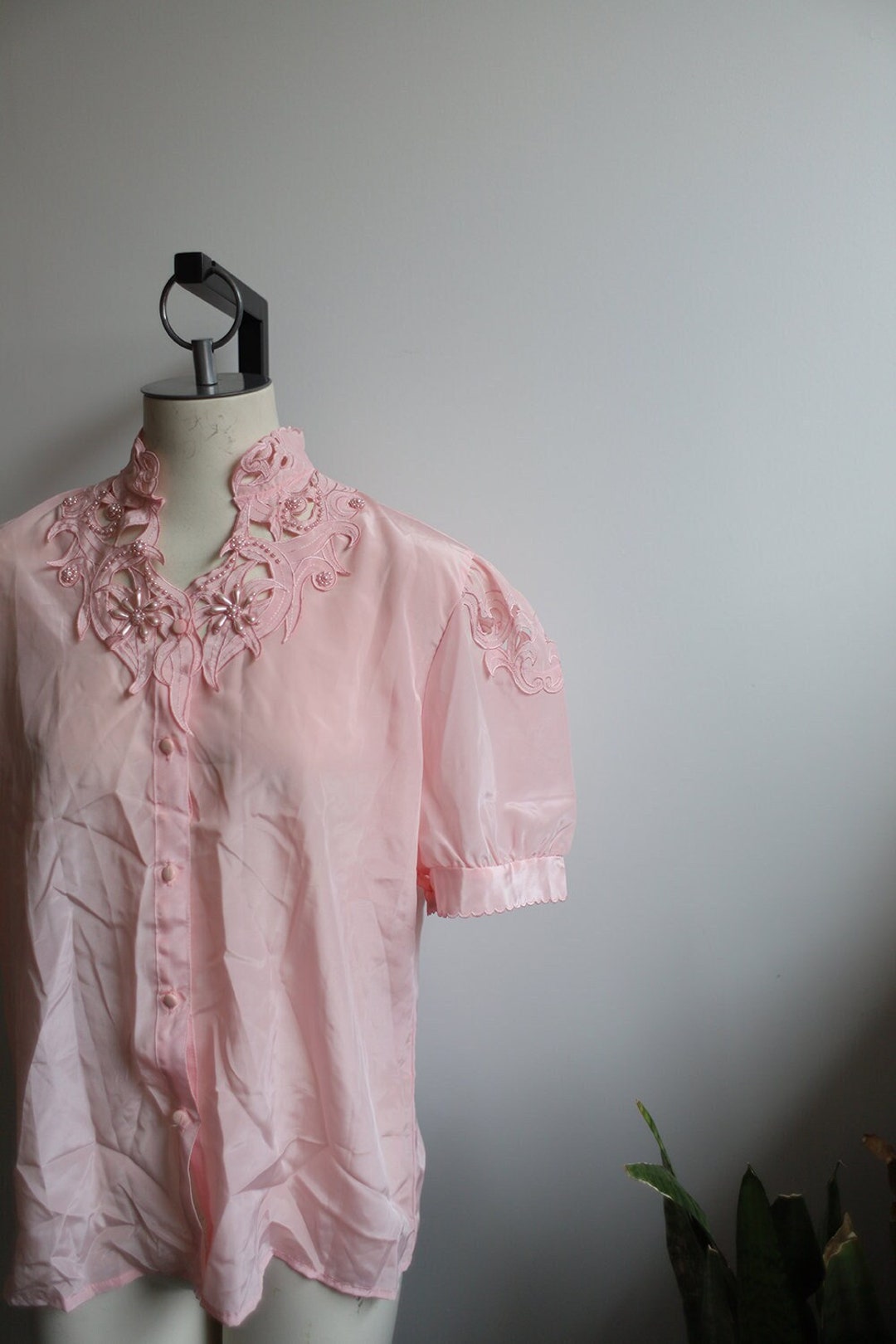 Vintage 1980s Pastel Light Pink Puff Sleeve Button Down Blouse Beaded ...