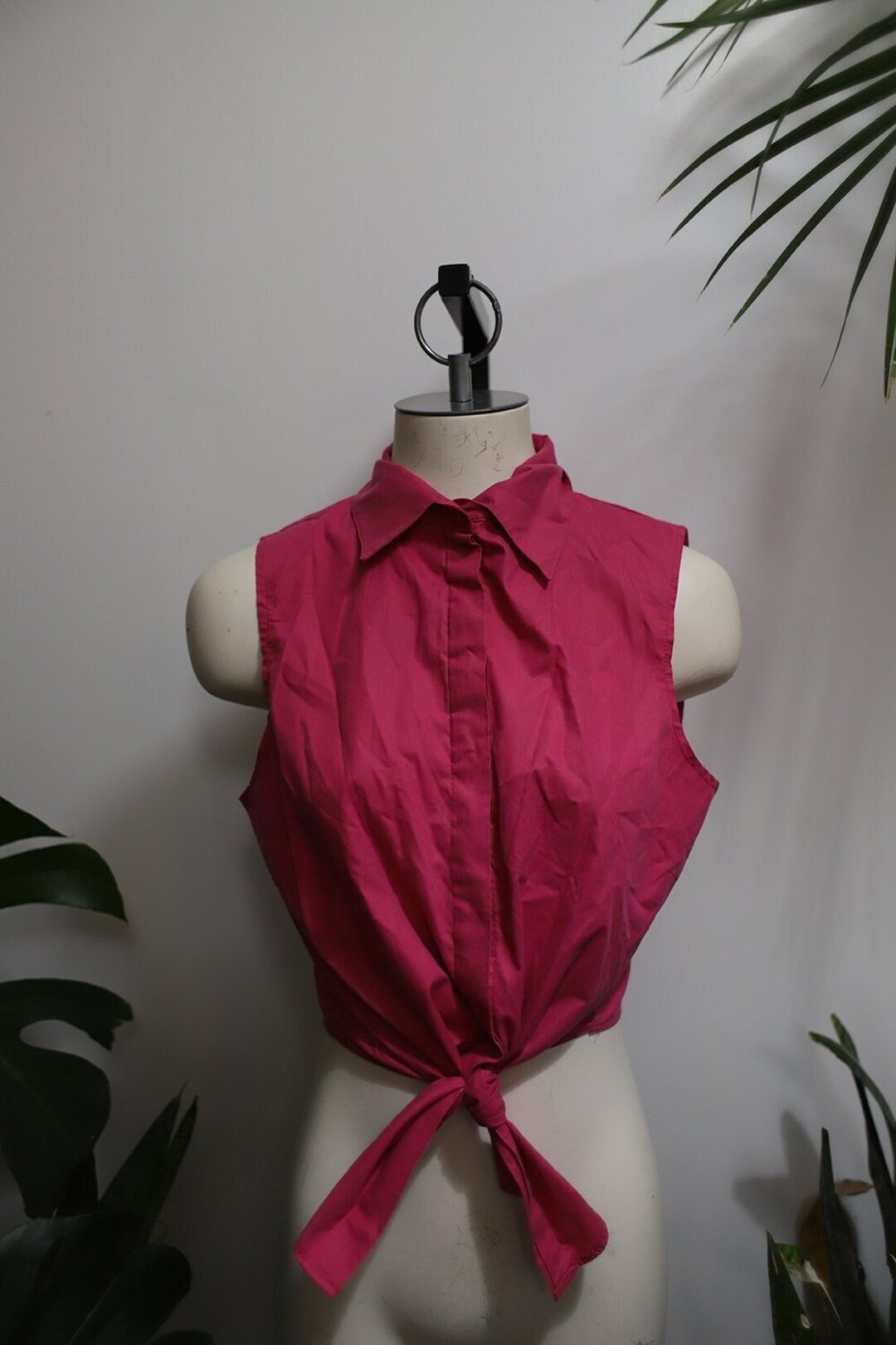 Vintage 1980s 90s Sleeveless Pink Magenta Button Down Cropped Crop Top ...
