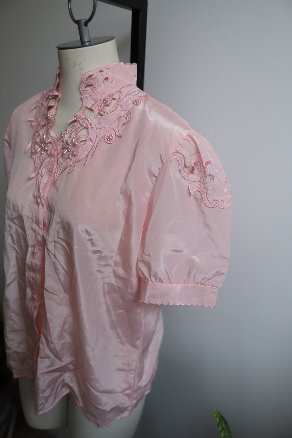 Vintage 1980s Pastel Light Pink Puff Sleeve Button Down Blouse Beaded ...