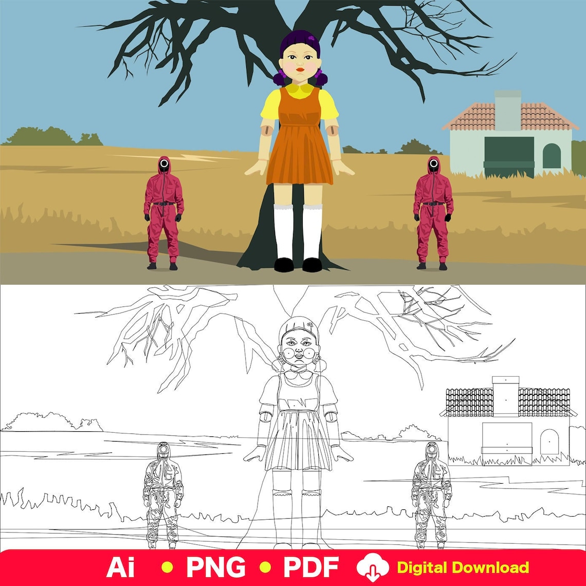 Squid Game Red Light Green Light Scene PDF AI PNG - Digital Drawings ...