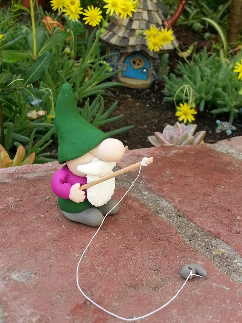 Handmade Mini Garden Gnome With Fishing Pole and Fish for Fairy Garden ...