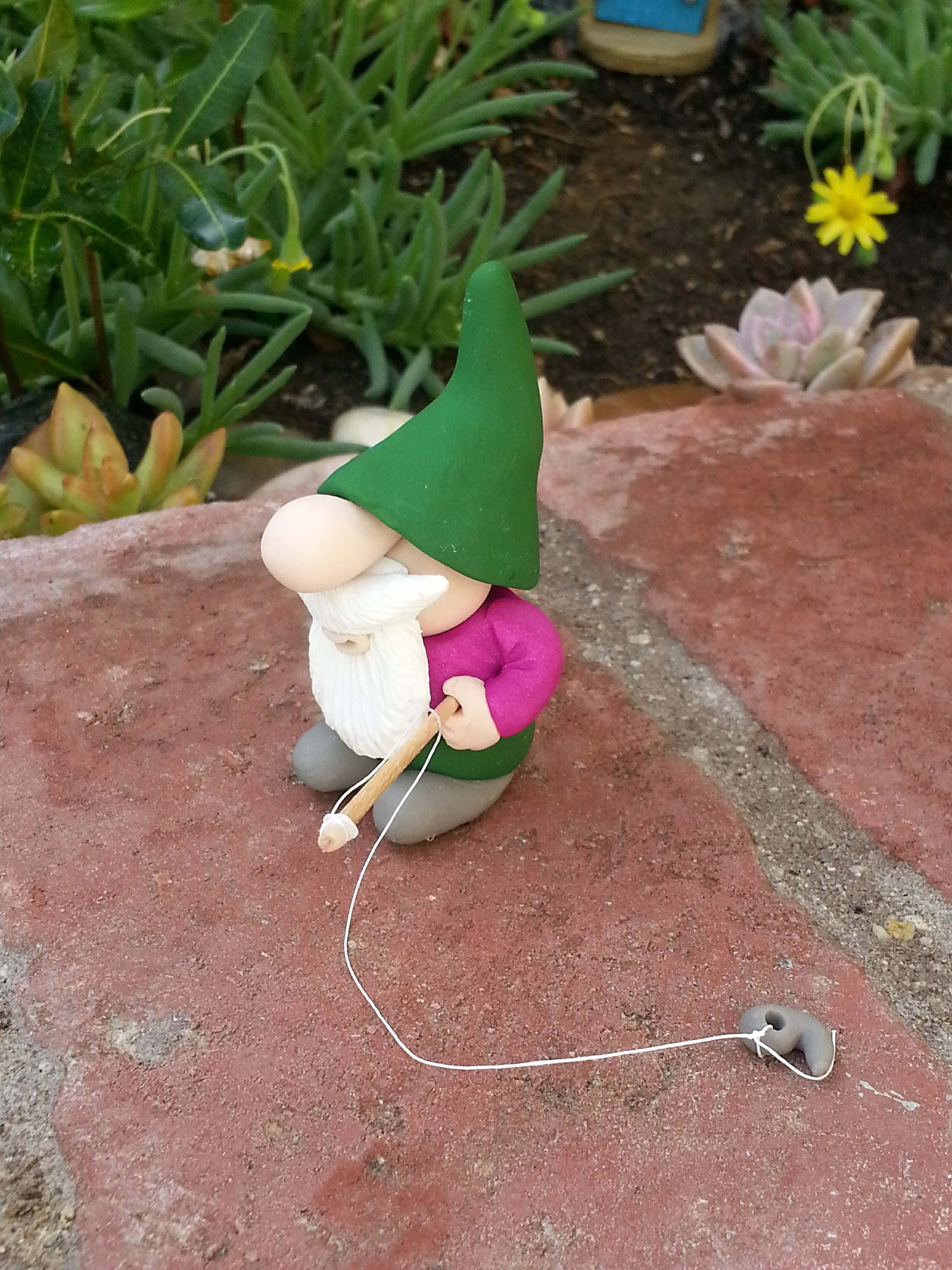 Handmade Mini Garden Gnome With Fishing Pole and Fish for Fairy Garden ...