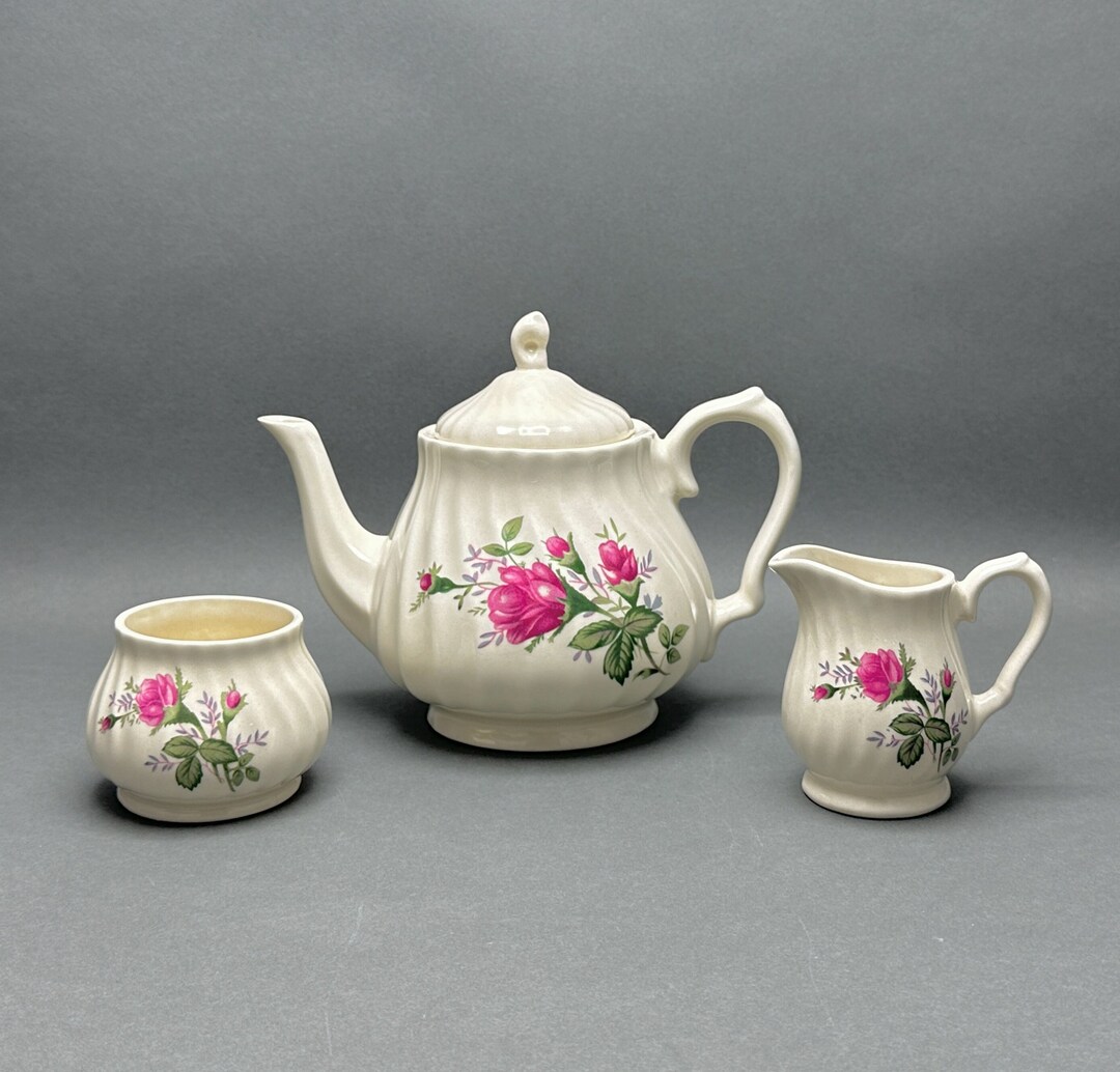 Vintage Swirl Fluted Beige Ceramic Teapot, Creamer and Open Sugar Dish ...