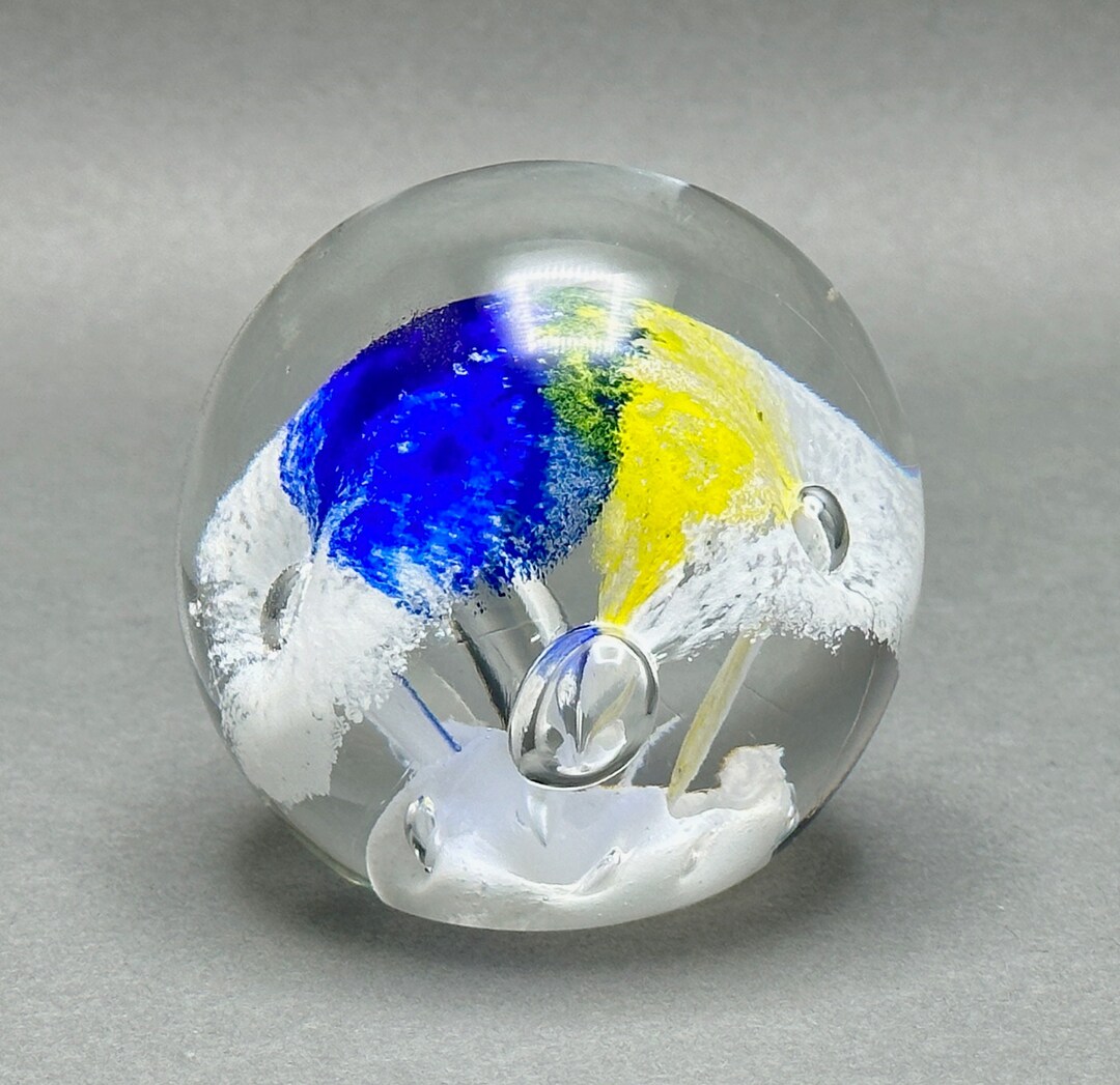 Vintage Hand Blown Clear 24% Lead Crystal Paperweight With Blue, Yellow ...