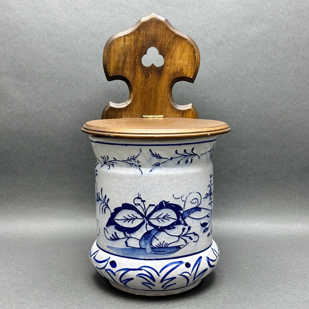 Vintage blue Onion Flow Blue Ceramic Salt Box With Wooden Wall Mount ...