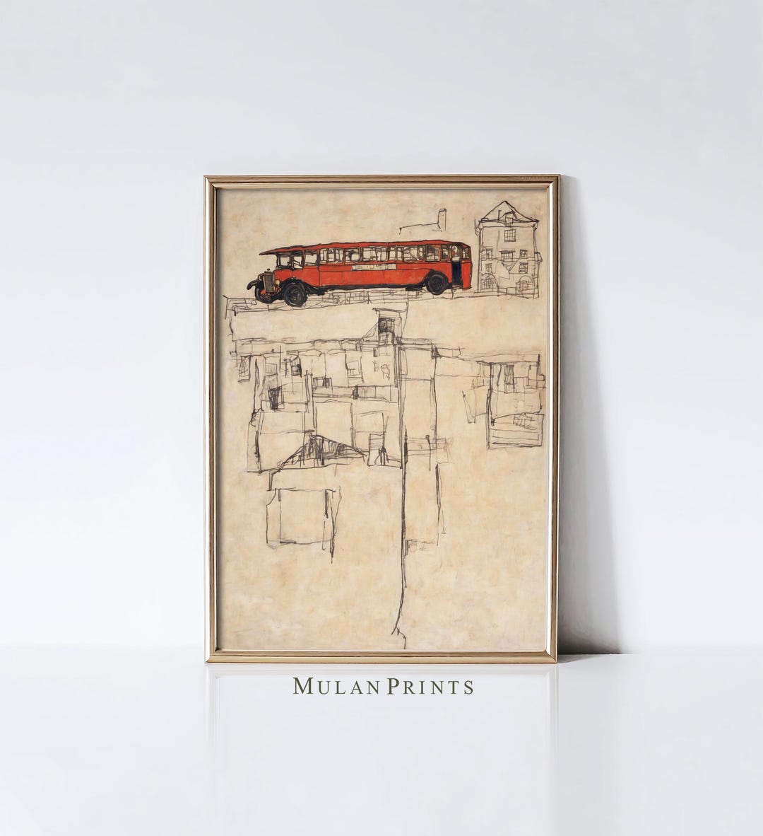 Original Vintage London Bus Art | PRINTABLE Red Bus Landscape Wall Art ...