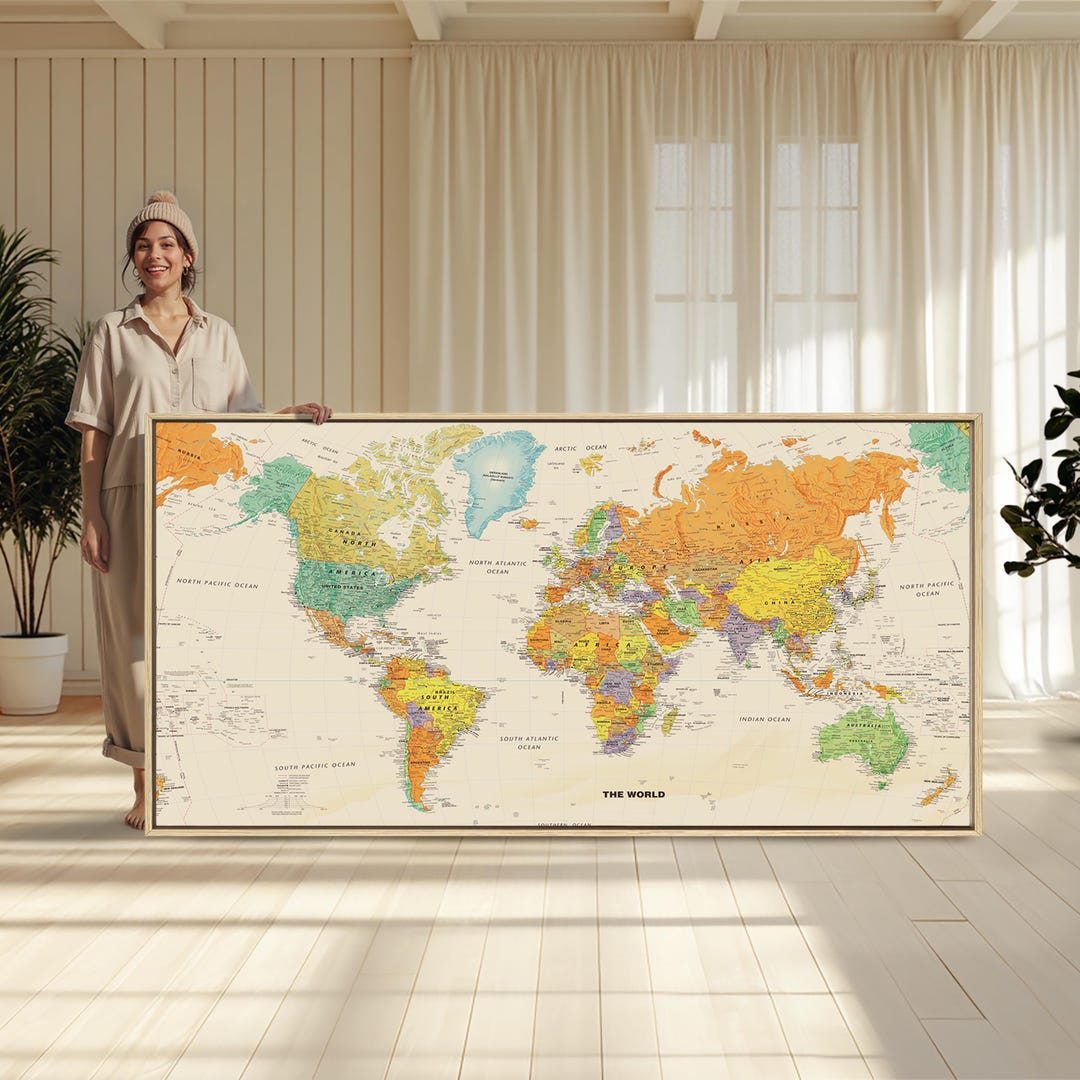 Vintage World Map Framed Canvas: Large Highly Detailed Travel Art - Etsy
