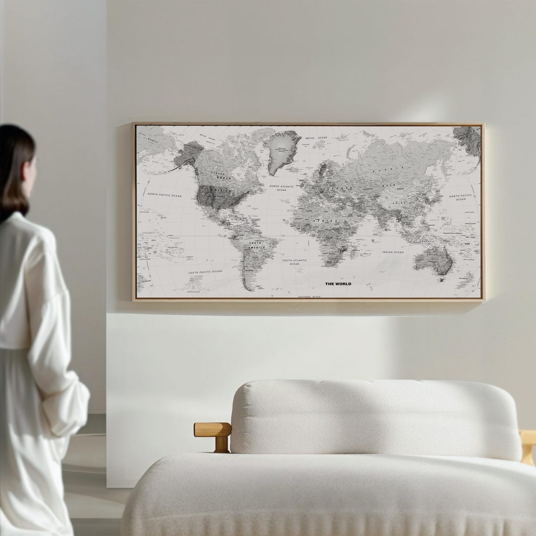 Ready to Hang Highly Detailed World Map | Large Wooden Framed Canvas ...