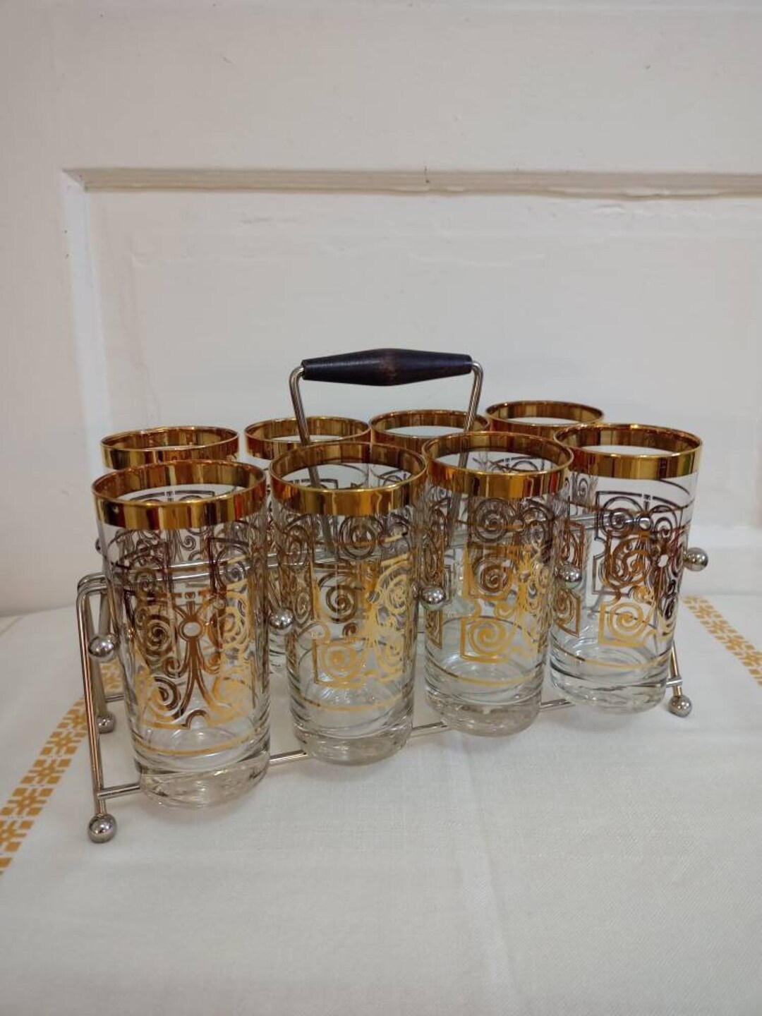Vintage Glassware Tumbler Set With Caddy / Holder - Gold Scrolls - Set ...