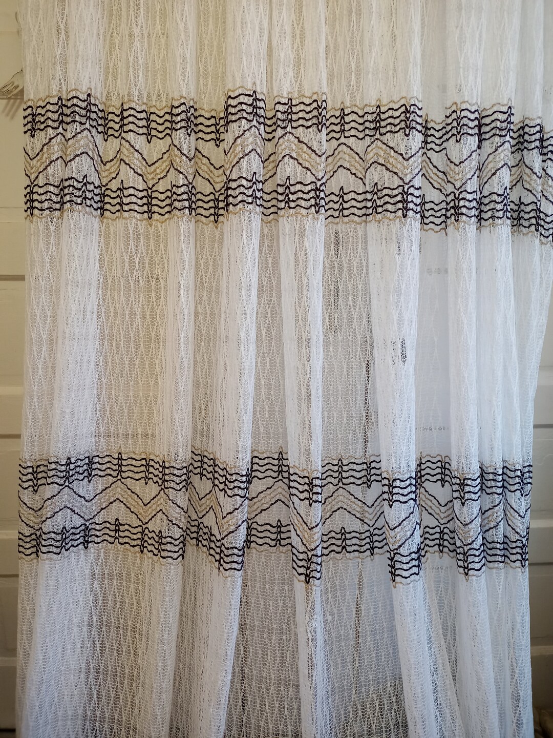 Vintage Pair 70's Net Woven Curtains Pinch Pleated Panels Brown Beige ...
