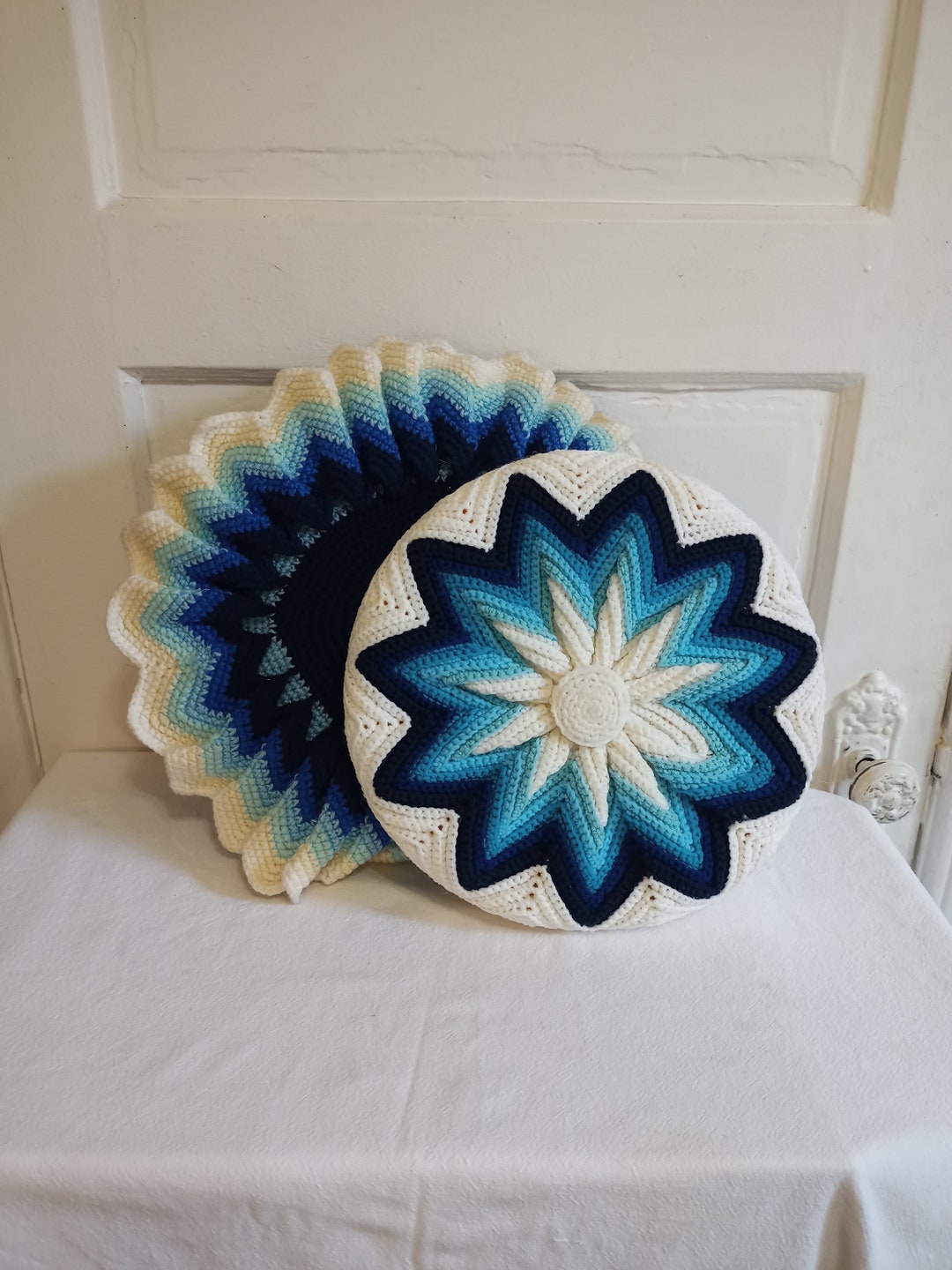 Vintage Crochet Round Cushions Throw Pillows Blue & White - Etsy