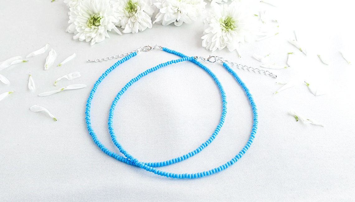 AQUA Blue Bead Choker Bright Blue Seed Bead Choker Blue | Etsy
