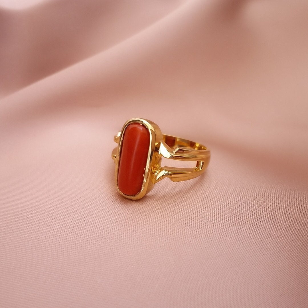 Coral Gold Ring 18k Gold Ring Oval Shape Coral Gemstone Ring 18k Gold ...