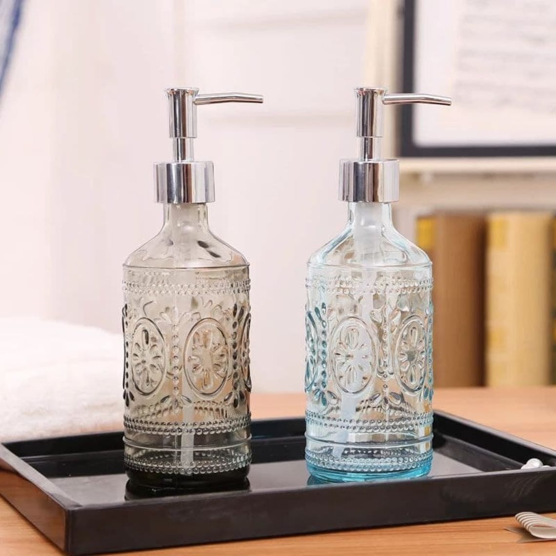 Vintage Glass Soap Dispenser With Silver Pomp Gray And Sky Blue Etsy