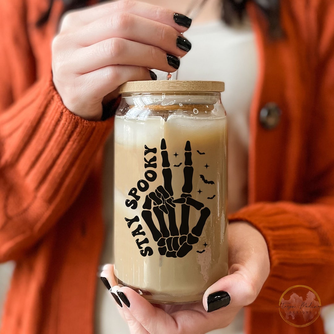 Halloween Skeleton Hand Glass Can Stay Spooky Peace Sign Skeleton Glass ...