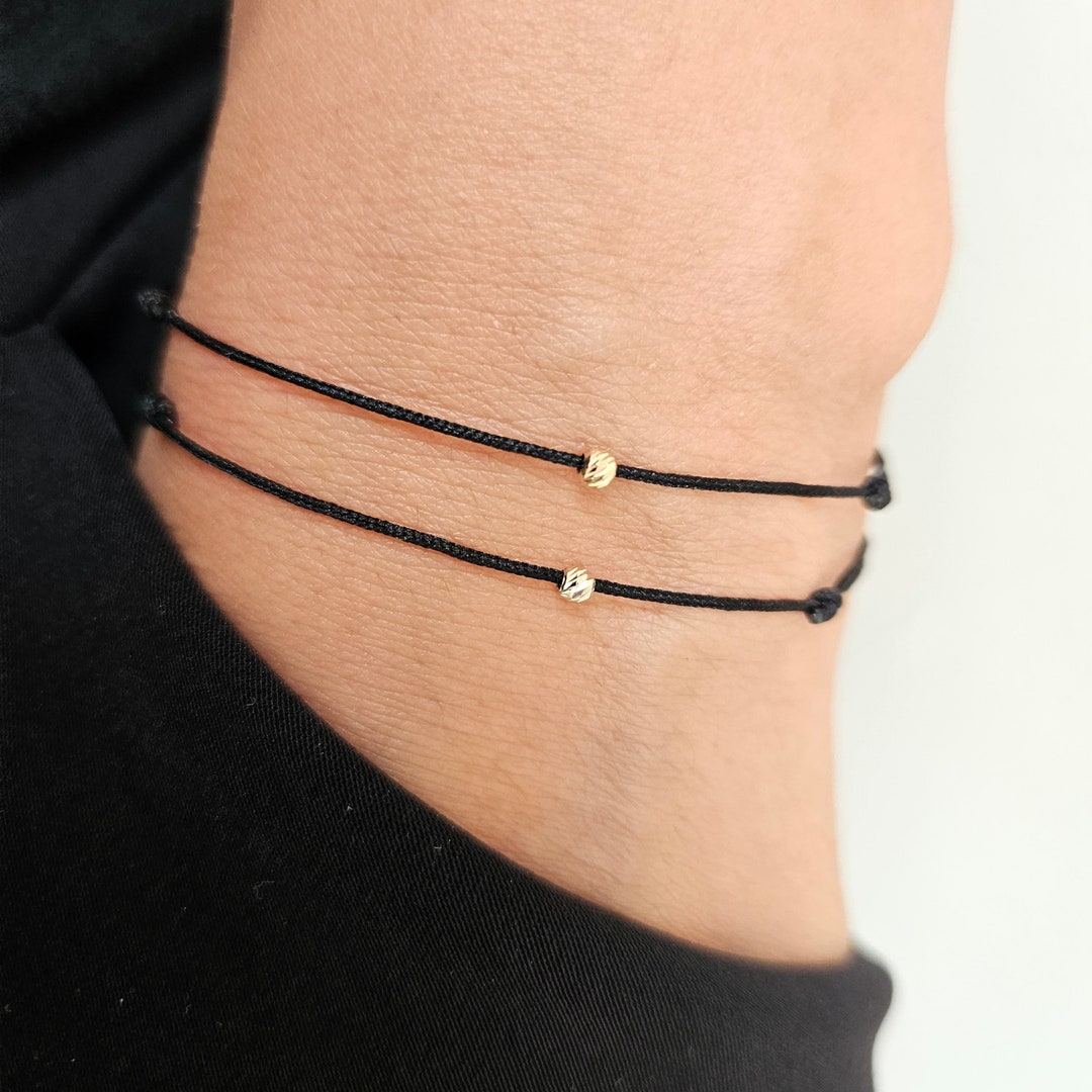 14k Solid Gold Men Black String Surfer Bracelet Men Bracelet Black ...