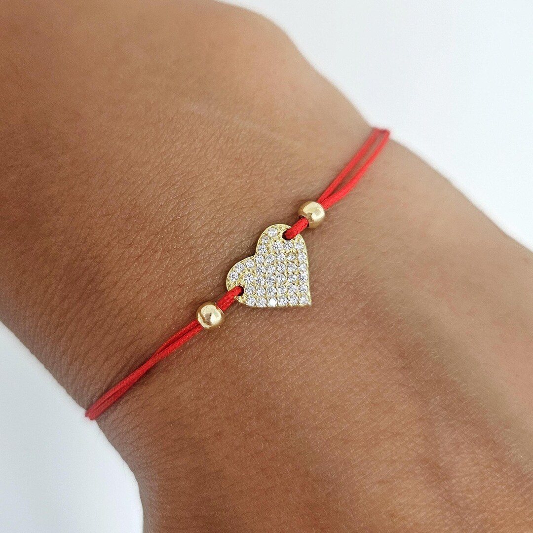 Gold Heart Red String Surfer Bracelet BFF Bracelet Red Thread Bracelet Minimalist Crystal Heart ...