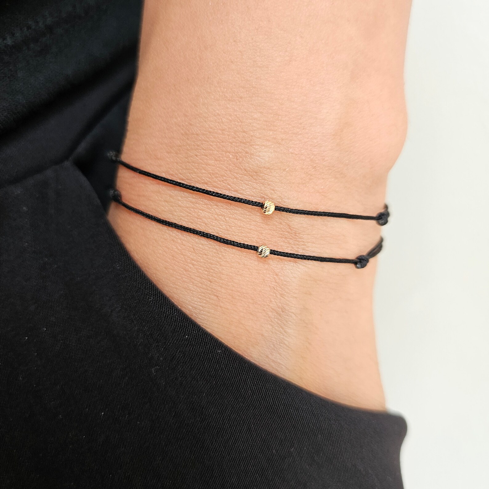 14k Solid Gold Men Black String Surfer Bracelet Men Bracelet Black ...