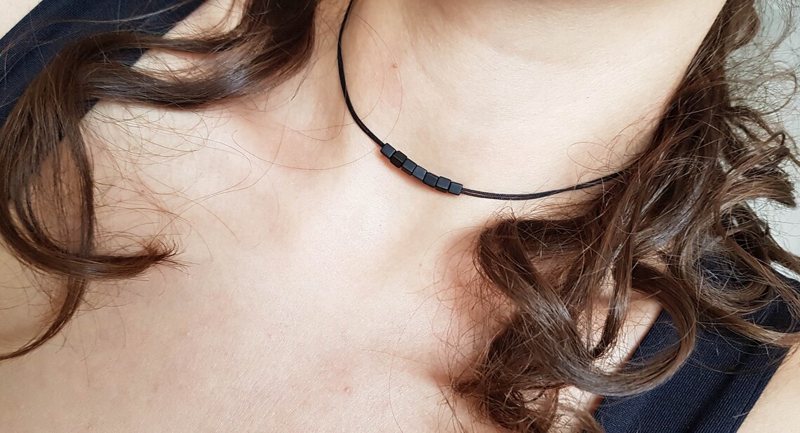 Black Cube Beads Choker Necklace Black String Choker Black | Etsy