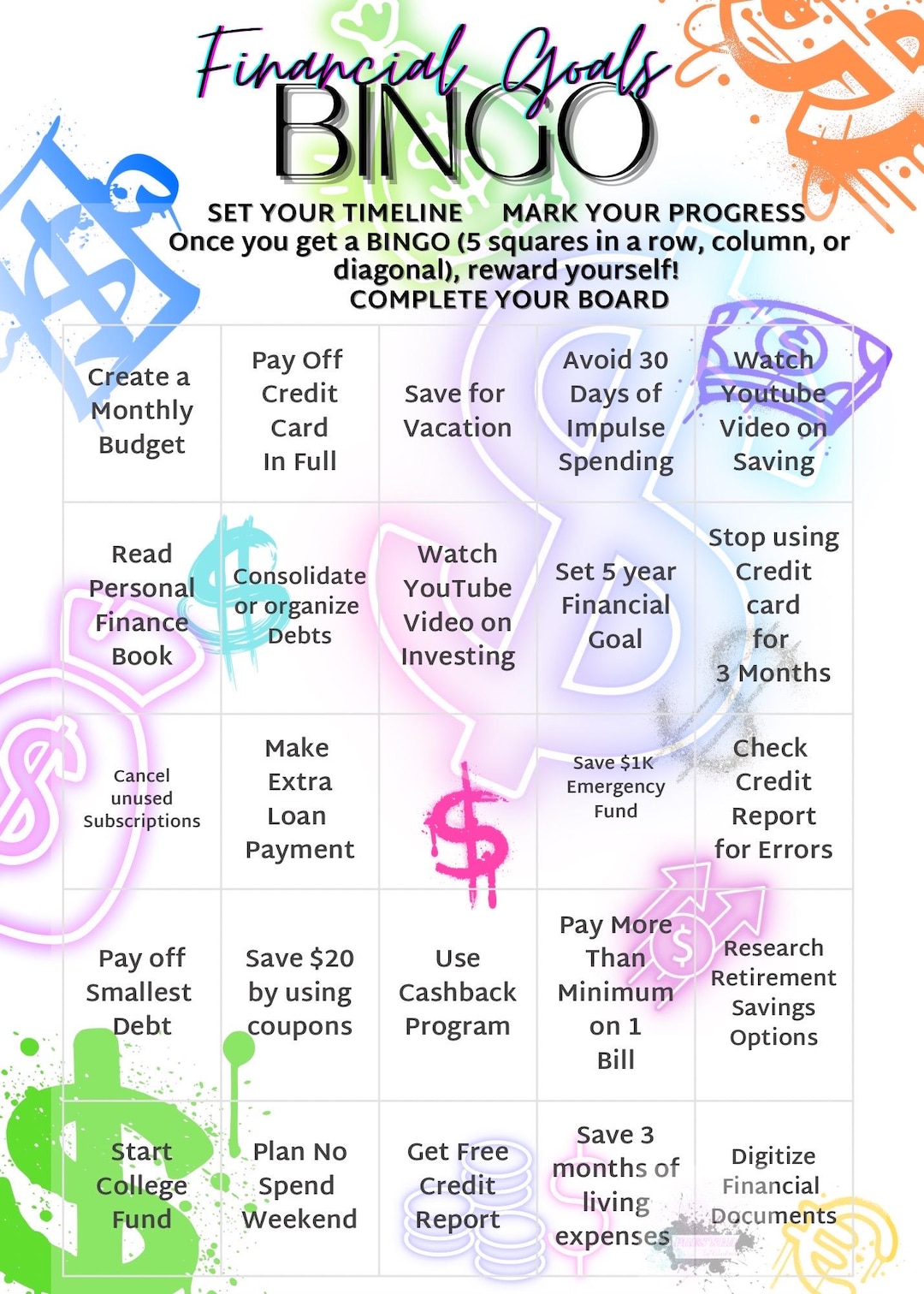 Financial Goals Bingo,fun Money Tracker for Savings & Budgeting,savings ...