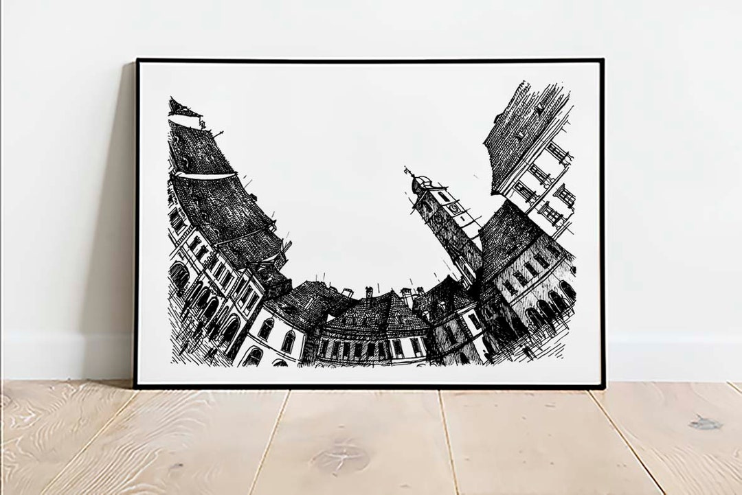 Sibiu Romania Art Print, Sibiu Market Print Drawing, Medieval Art ...