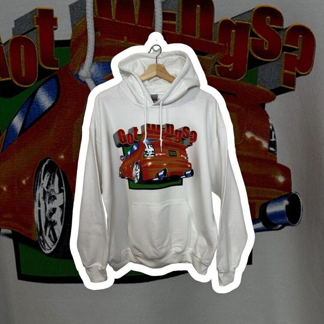 White Graphic Hoodie With Retro Car Design - Casual Streetwear Pullover ...