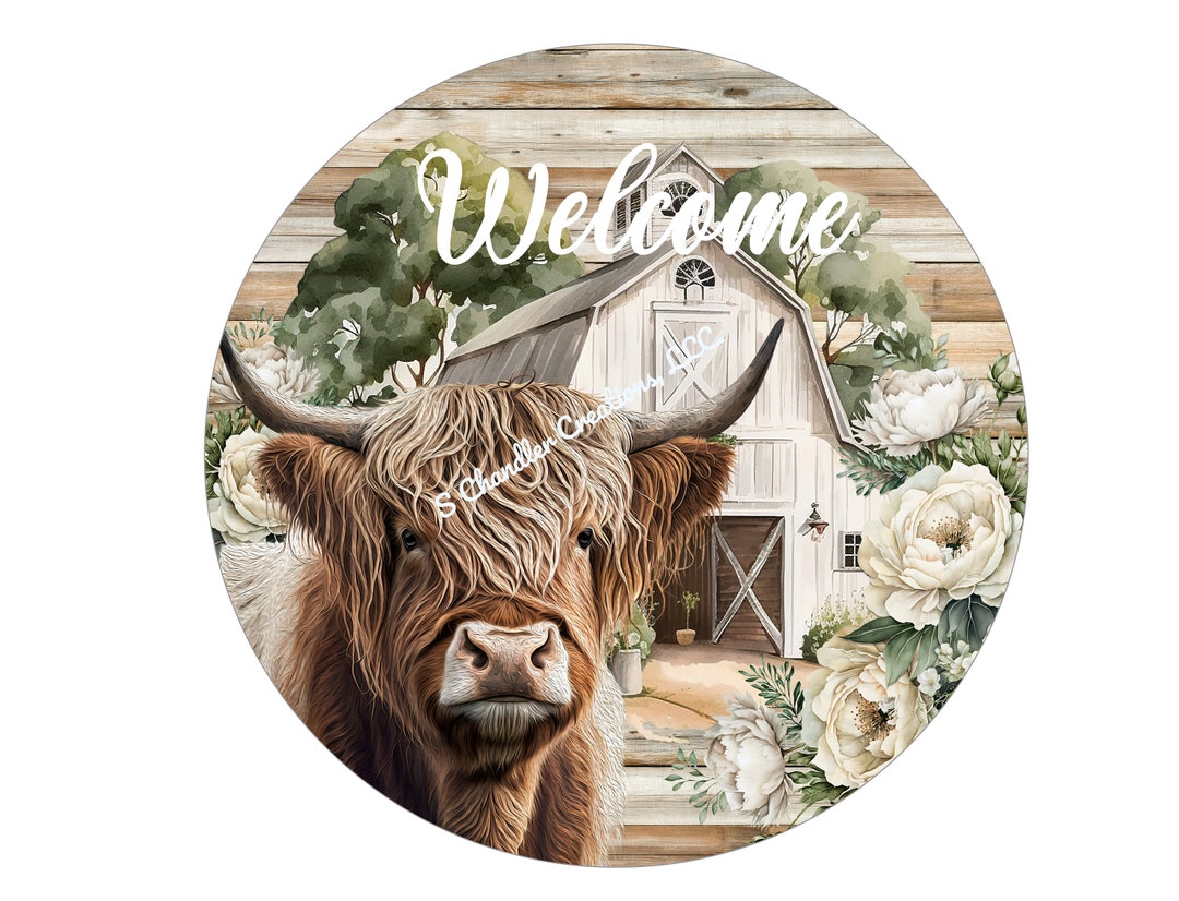 Welcome Highland Cow Wreath Sign, Floral Wreath Sign, Metal Wreath Sign ...