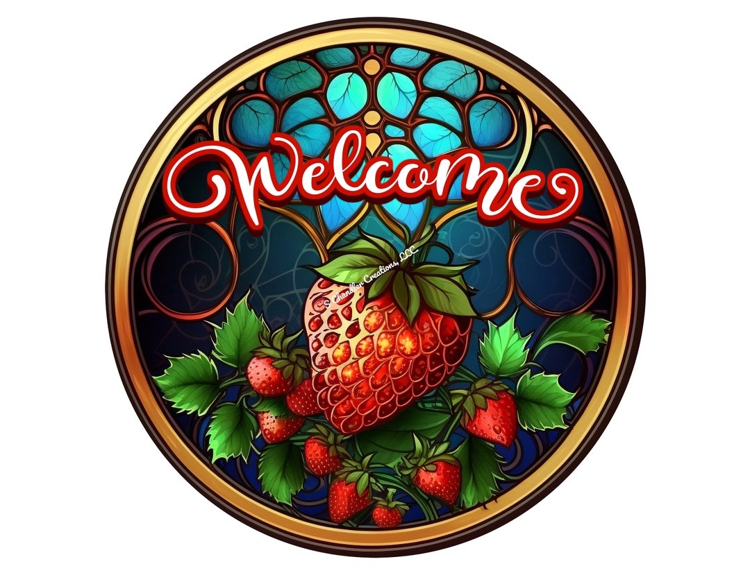 Round Faux Stained Glass Strawberries Wreath Sign, Strawberry Wreath ...
