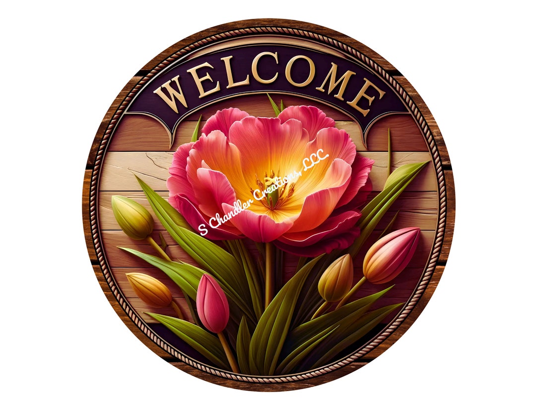 Welcome Tulip Wreath Sign, Faux Stained Glass Wreath Sign, Spring ...