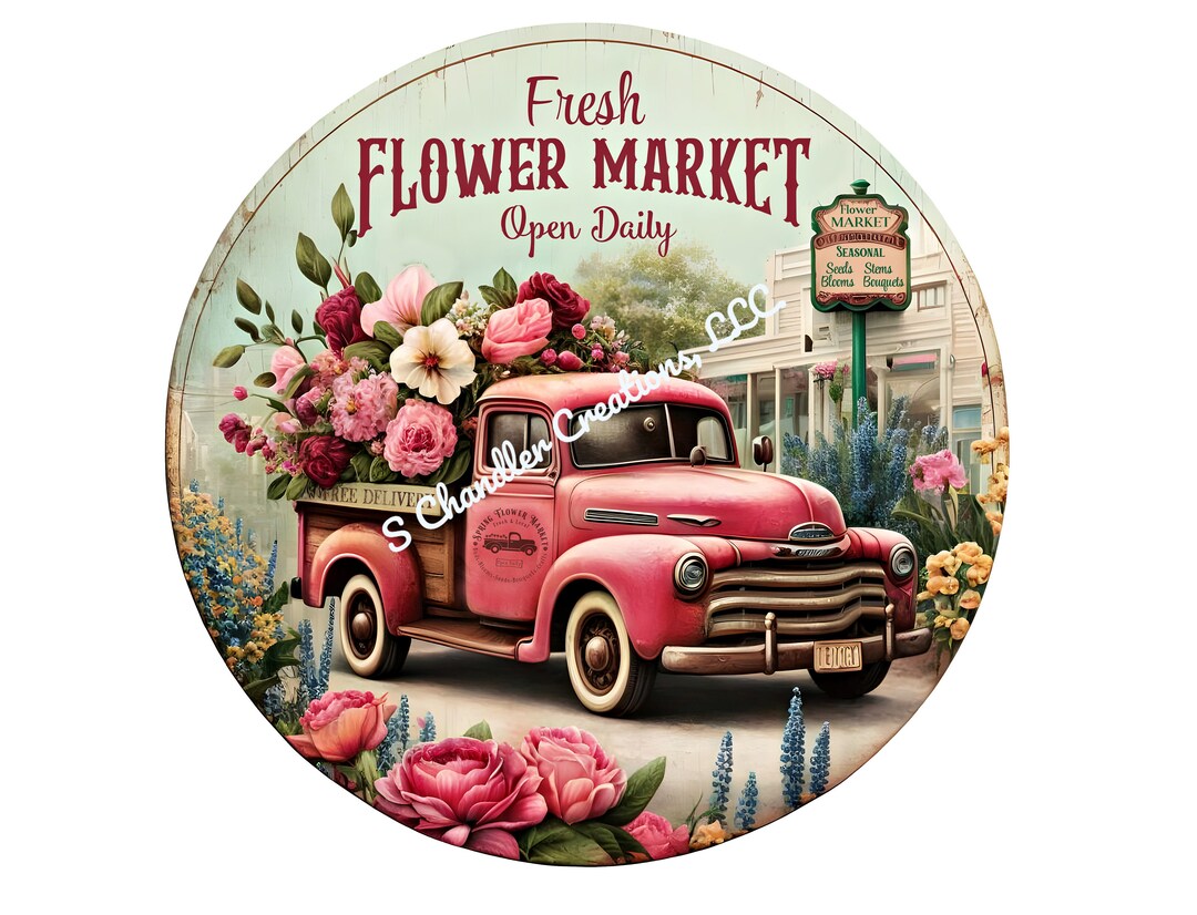 Flower Market Wreath Sign, Pink Truck Wreath Sign, Floral Wreath Sign ...