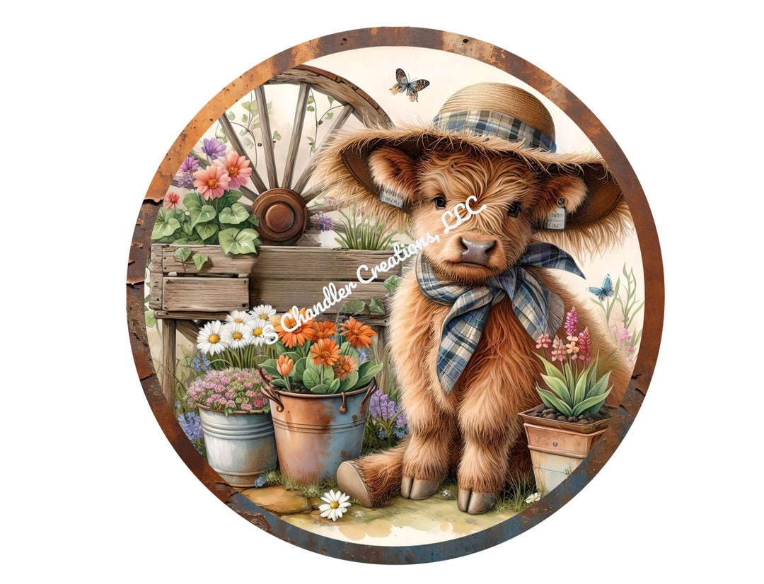 Highland Cow With Flowers Wreath Sign, Wreath Signs, Metal Wreath Sign ...