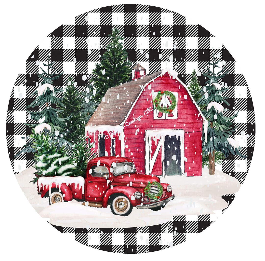 Christmas Wreath Sign,red Truck,red Barn,metal Wreath Sign,round Wreath ...