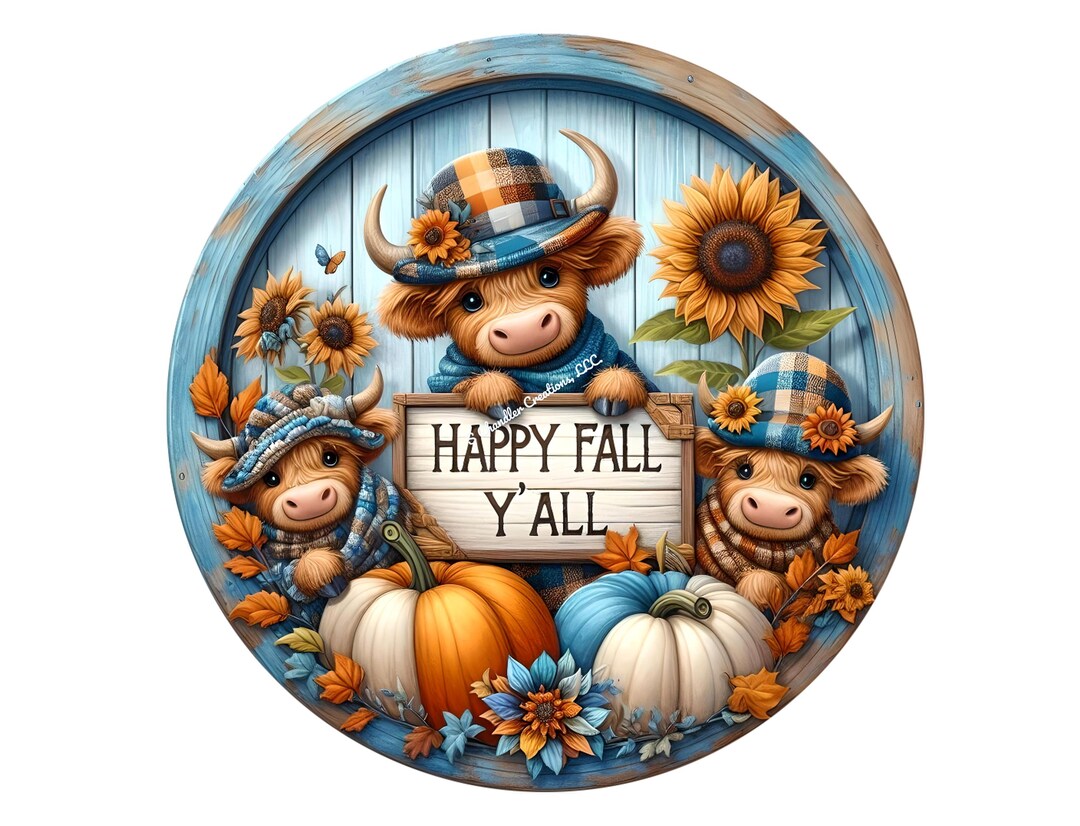 Happy Fall Y'all Highland Cow Family Wreath Sign, Metal Wreath Sign ...