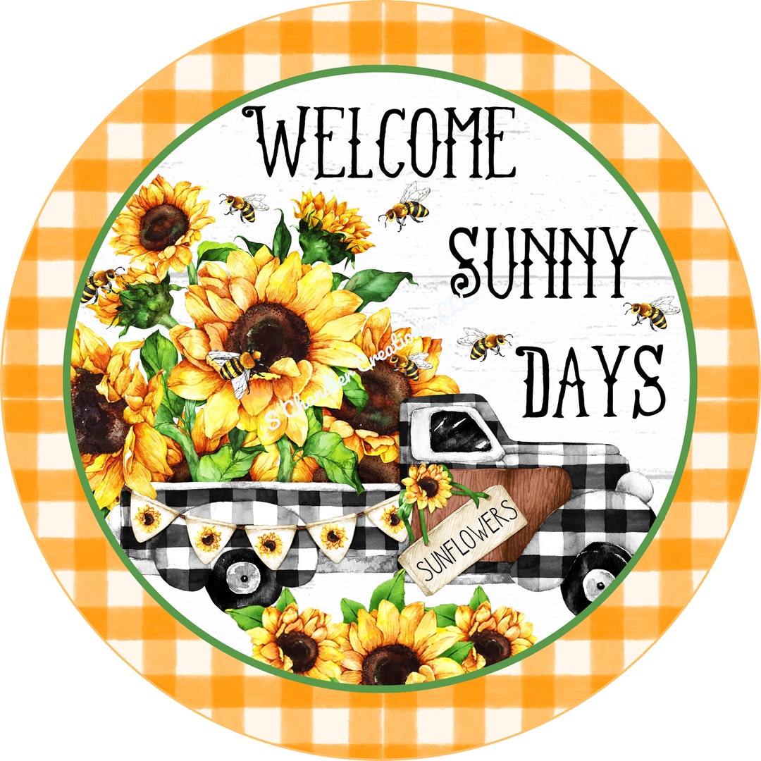 Welcome Sunny Days Wreath Sign,buffalo Plaid Truck Wreath Sign,metal ...