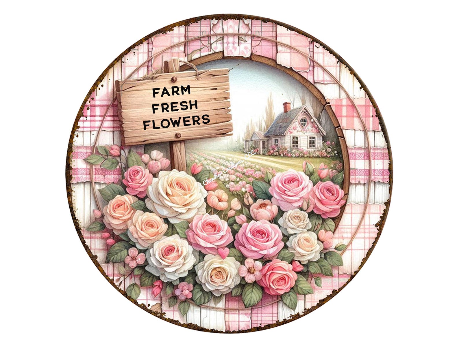 Farm Fresh Flowers Wreath Sign, Floral Wreath Sign, Pink Roses, Wreath ...